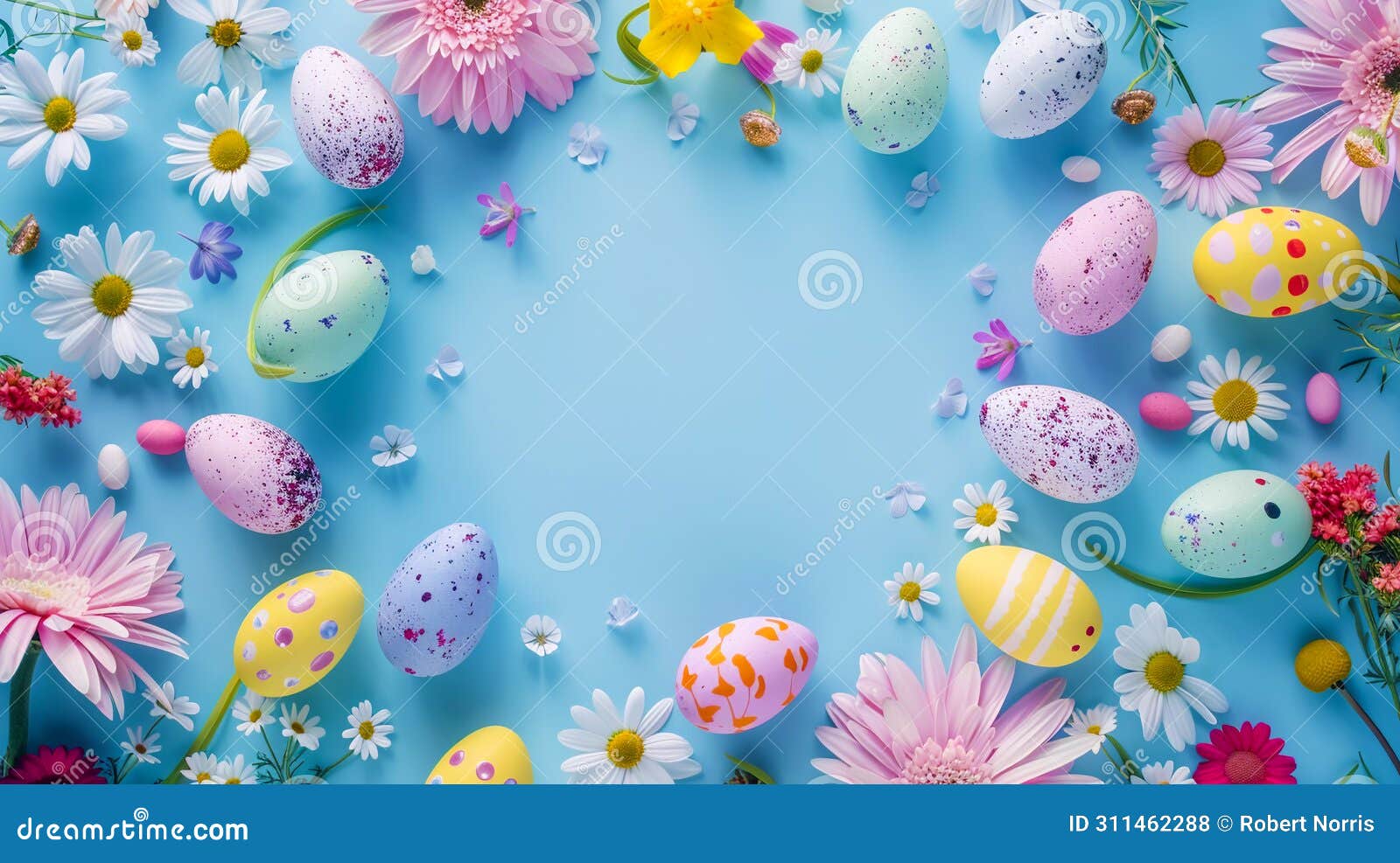 Easter Background Image of Colourful Eggs and Spring Flowers on a ...