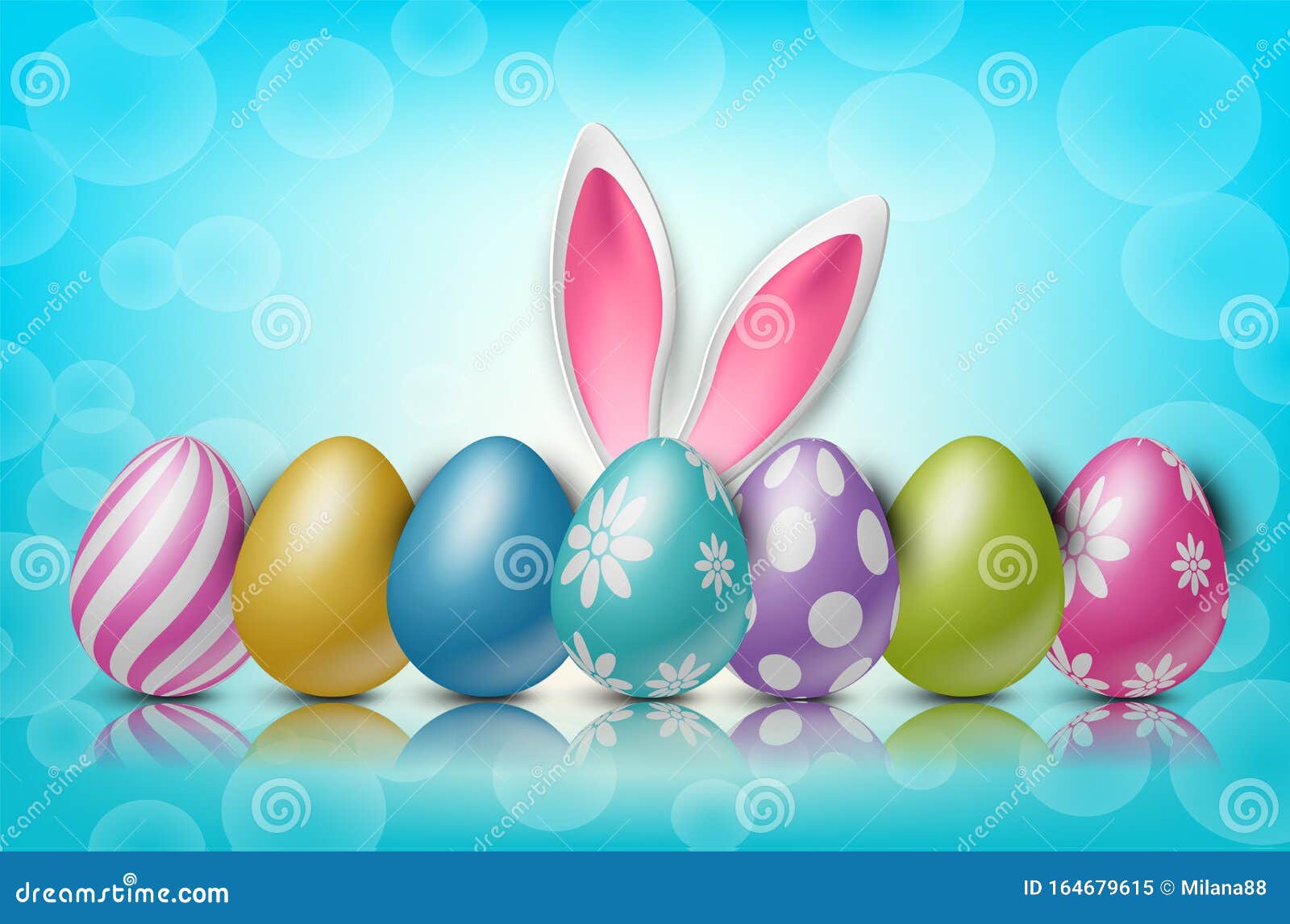 Easter Background With Painted 3d Realistic Egg And Bunny Ears Behind ...