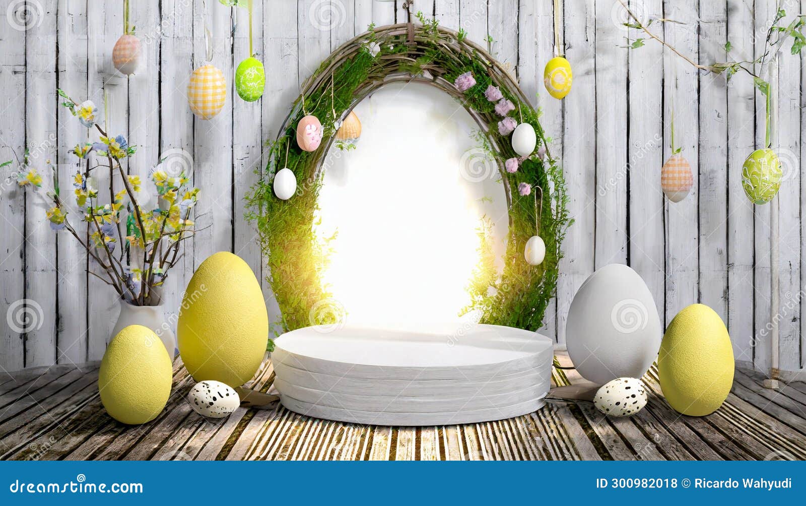 Easter Background with Round Podium and Easter Ornaments Stock ...