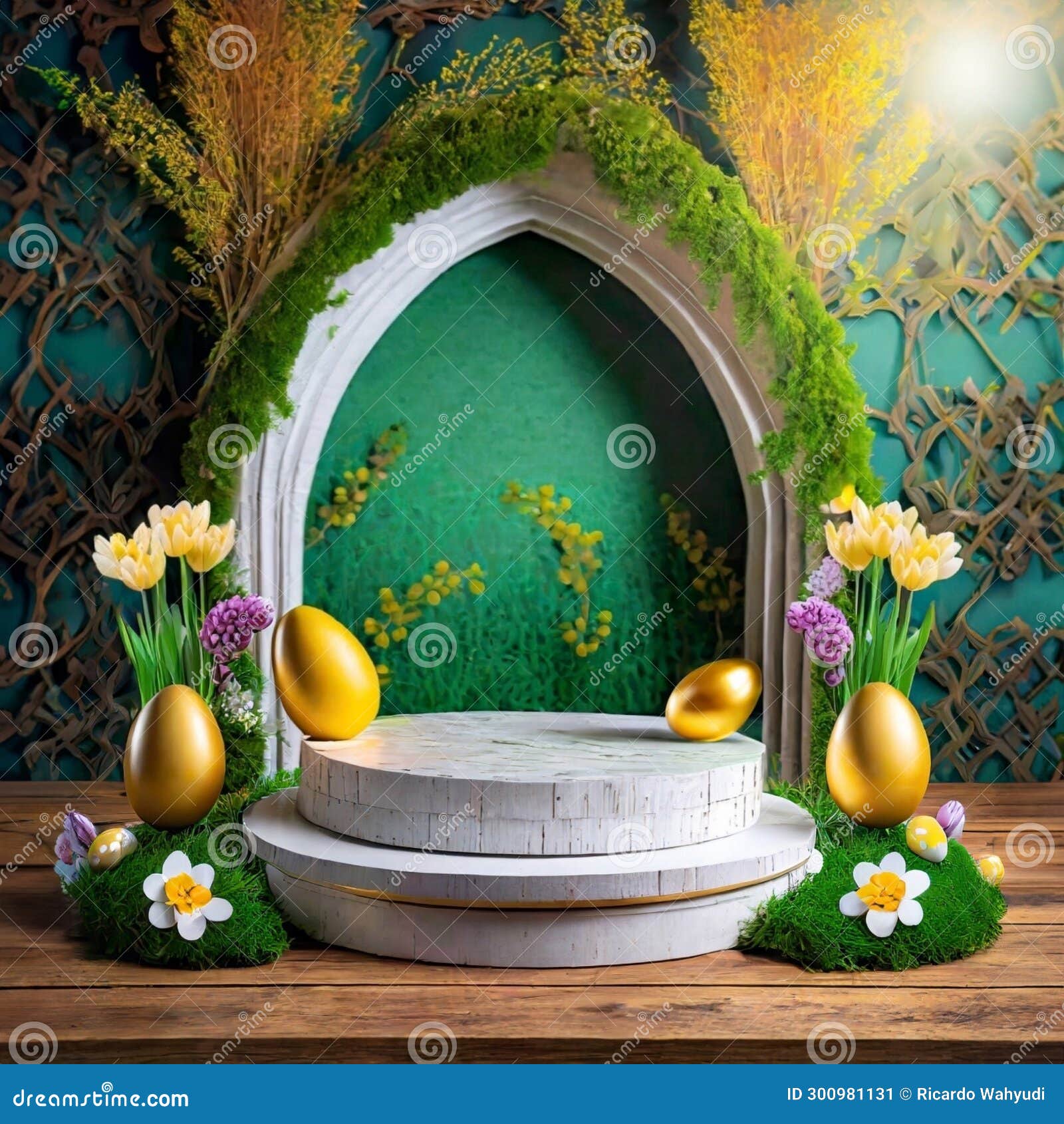 Easter Background with Round Podium and Easter Ornaments Stock ...