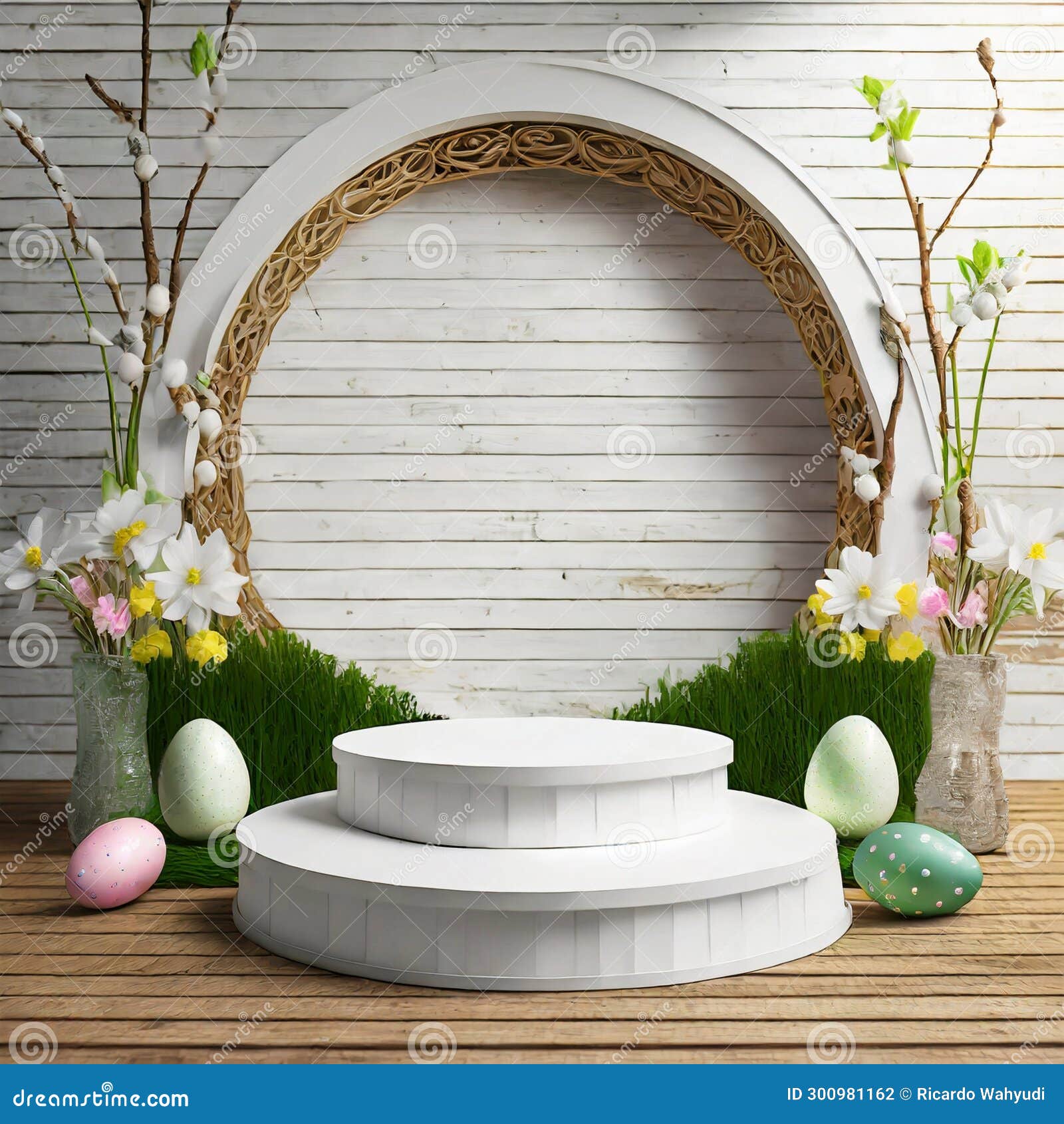 Easter Background with Round Podium and Easter Ornaments Stock ...