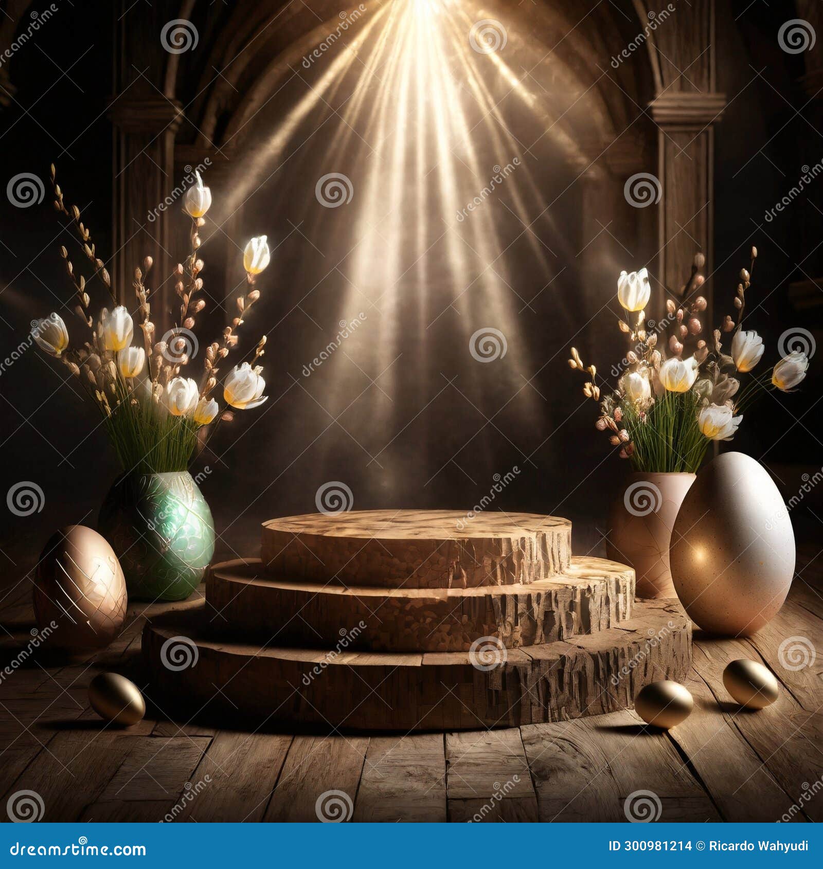Easter Background with Round Podium and Easter Ornaments Stock ...