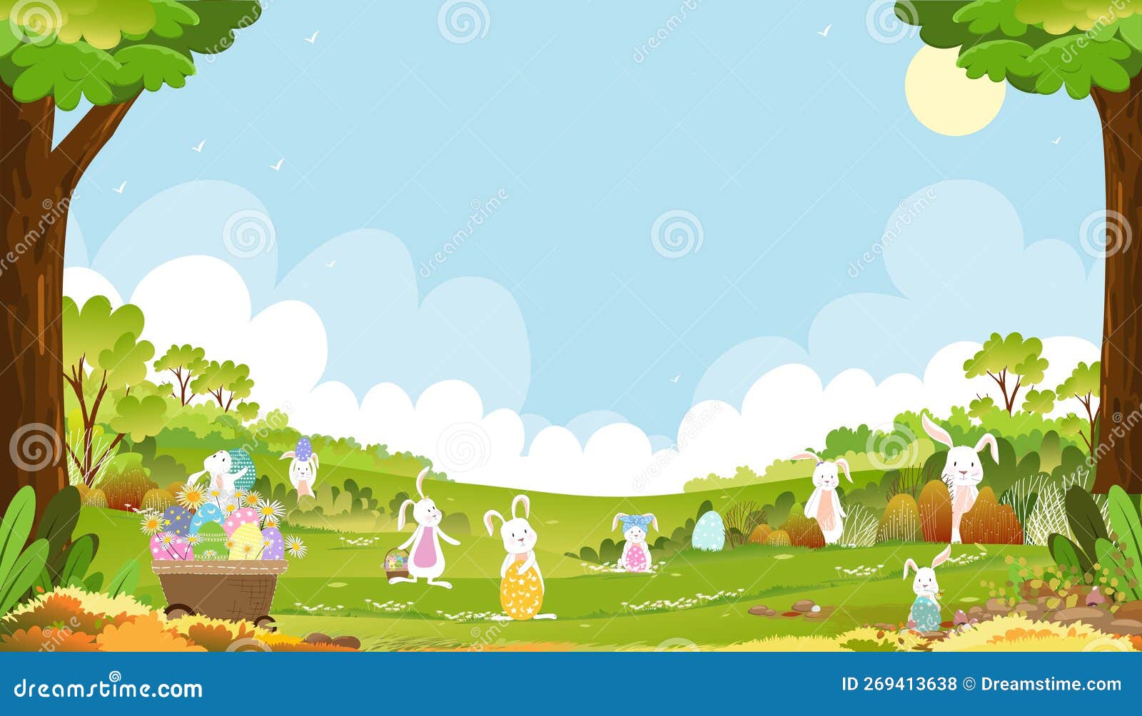 Easter Background,Spring Green Fields Landscape with Cute Bunny Hunting ...