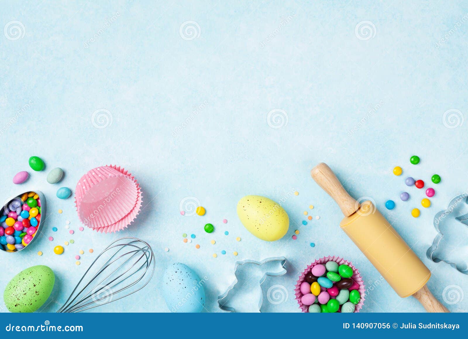 Easter Baking Background with Rolling Pin, Whisk, Decorative Eggs ...