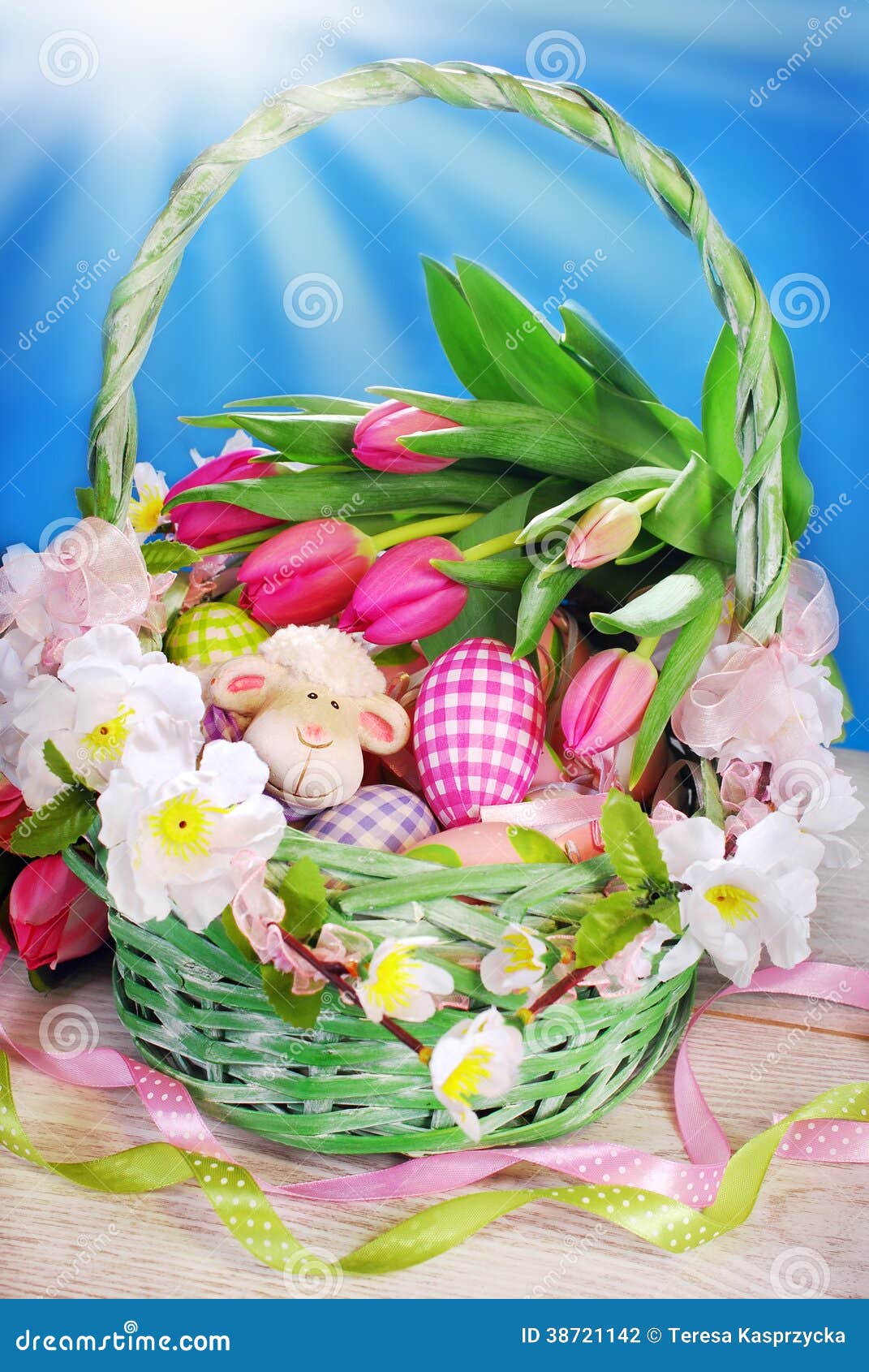 Easter Basket on Blue Background Stock Photo - Image of festive ...