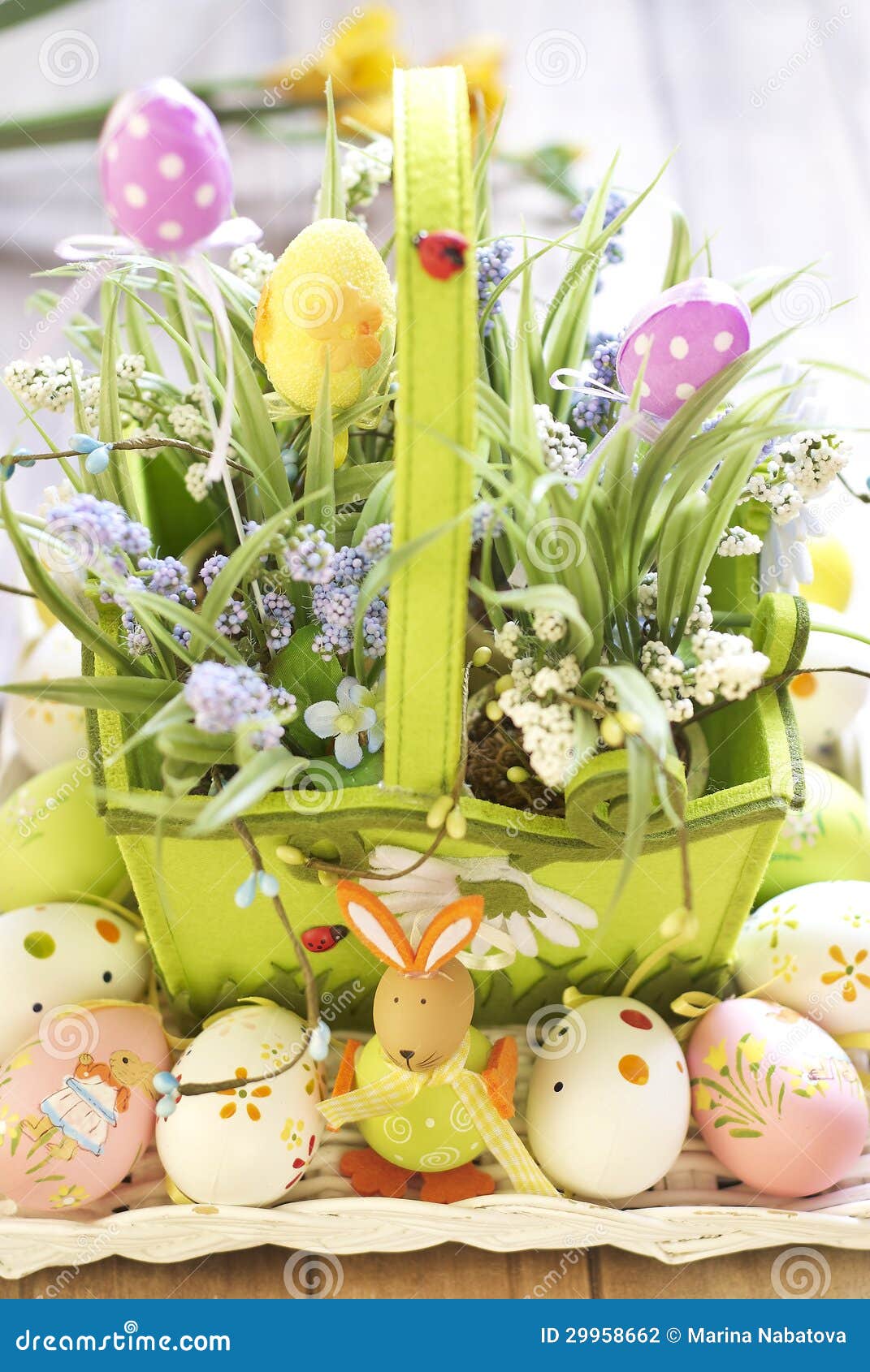 Easter Basket with Eggs, Flowers and Easter Bunny Stock Photo - Image ...