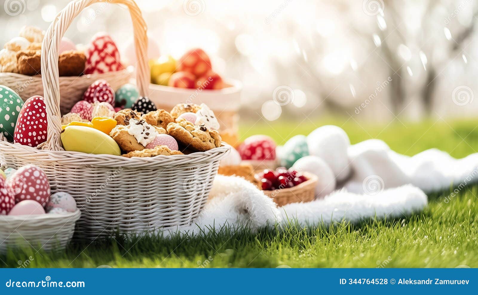 Easter Baskets Brimming with Colorful Eggs and Sweets Set Against a ...