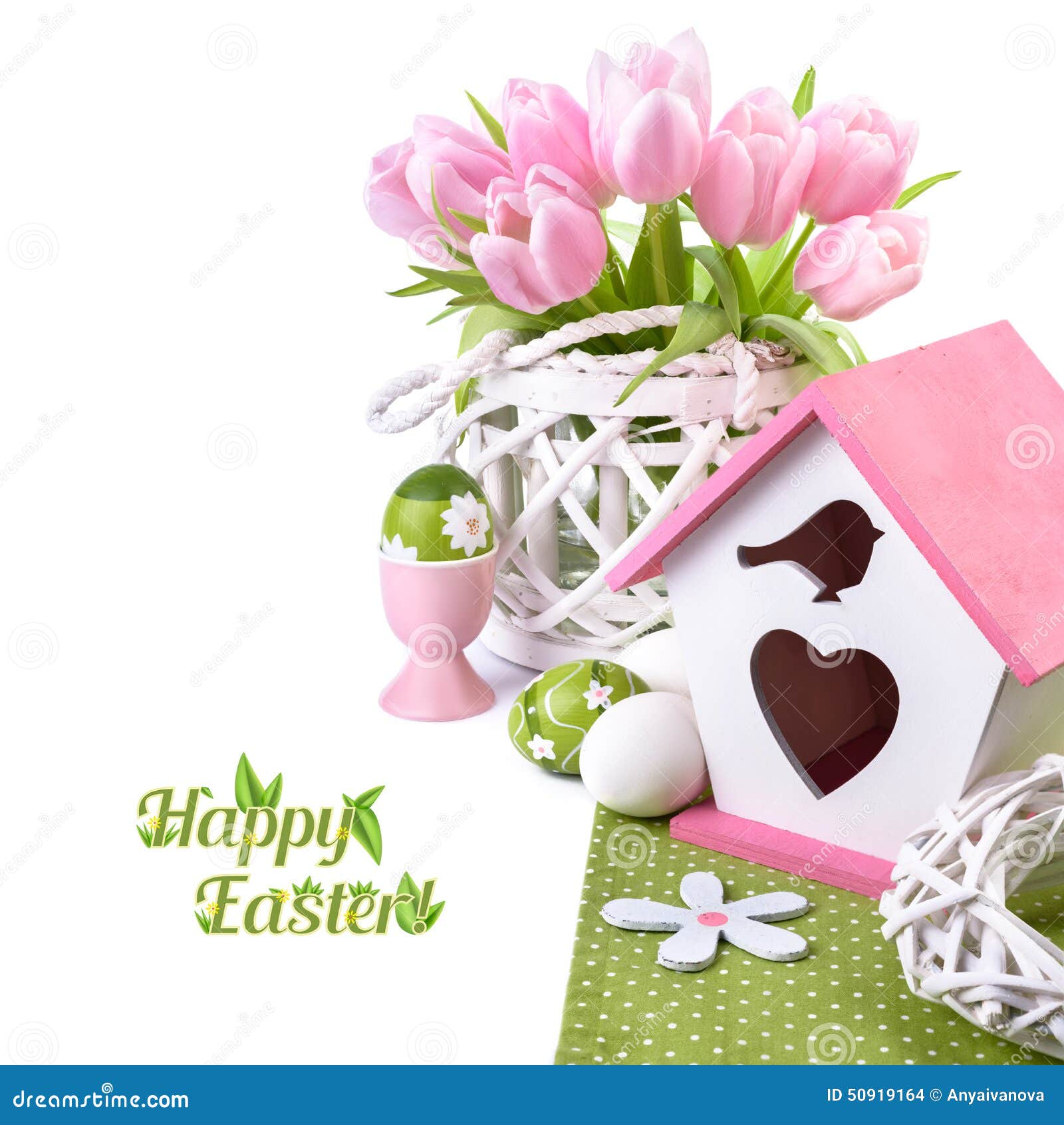 Easter Border with Pink Tulips and Matching Spring Decorations Stock ...