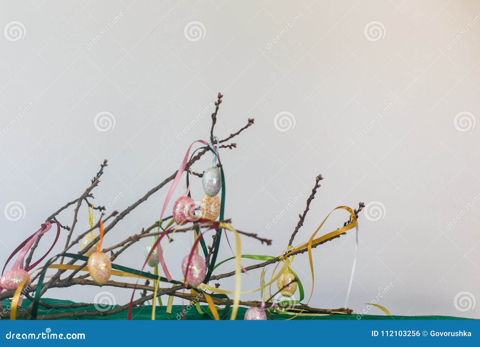Easter Branch with Eggs and Ribbons on the White Background Stock Photo ...