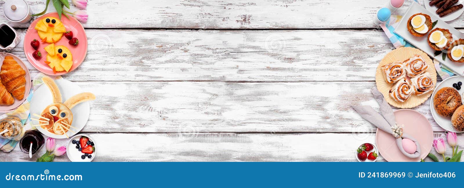 Easter Breakfast or Brunch Double Border. Above View on a White Wood ...