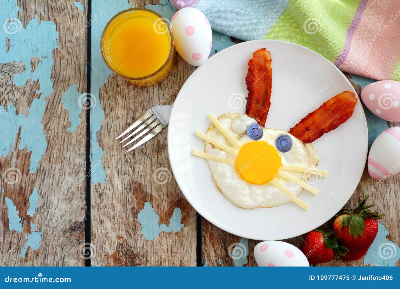 Easter Breakfast with Cute Bunny Face, Table Scene Over White Wood ...