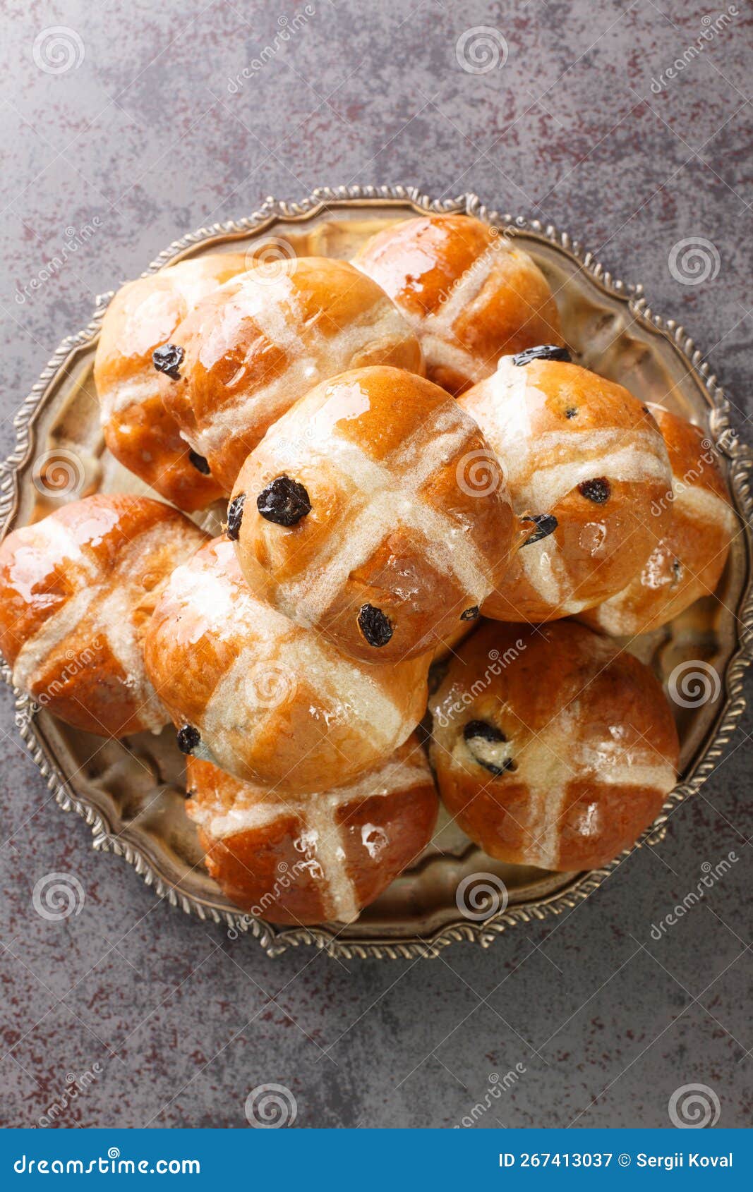 Easter Breakfast with Hot Cross Buns Closeup on the Plate. Vertical Top ...