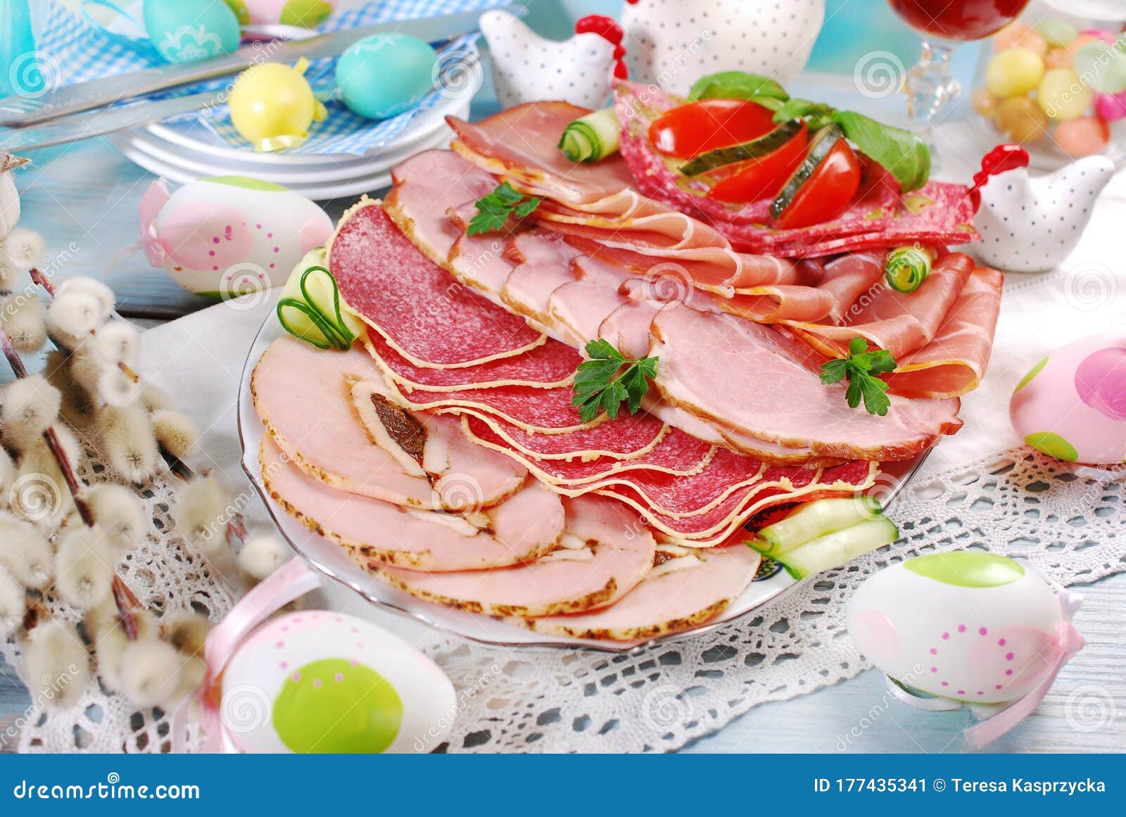 Easter Breakfast with Platter of Cured Meat and Ham Stock Image - Image ...