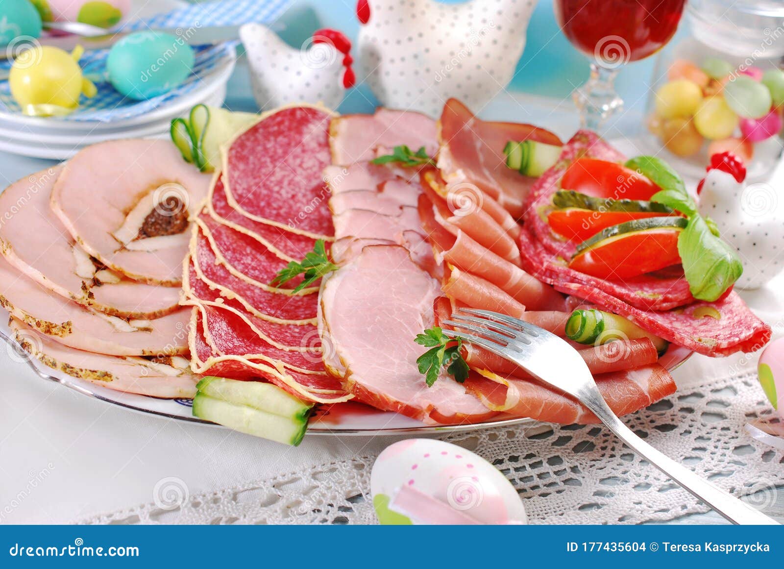 Easter Breakfast with Platter of Cured Meat and Ham Stock Photo - Image ...