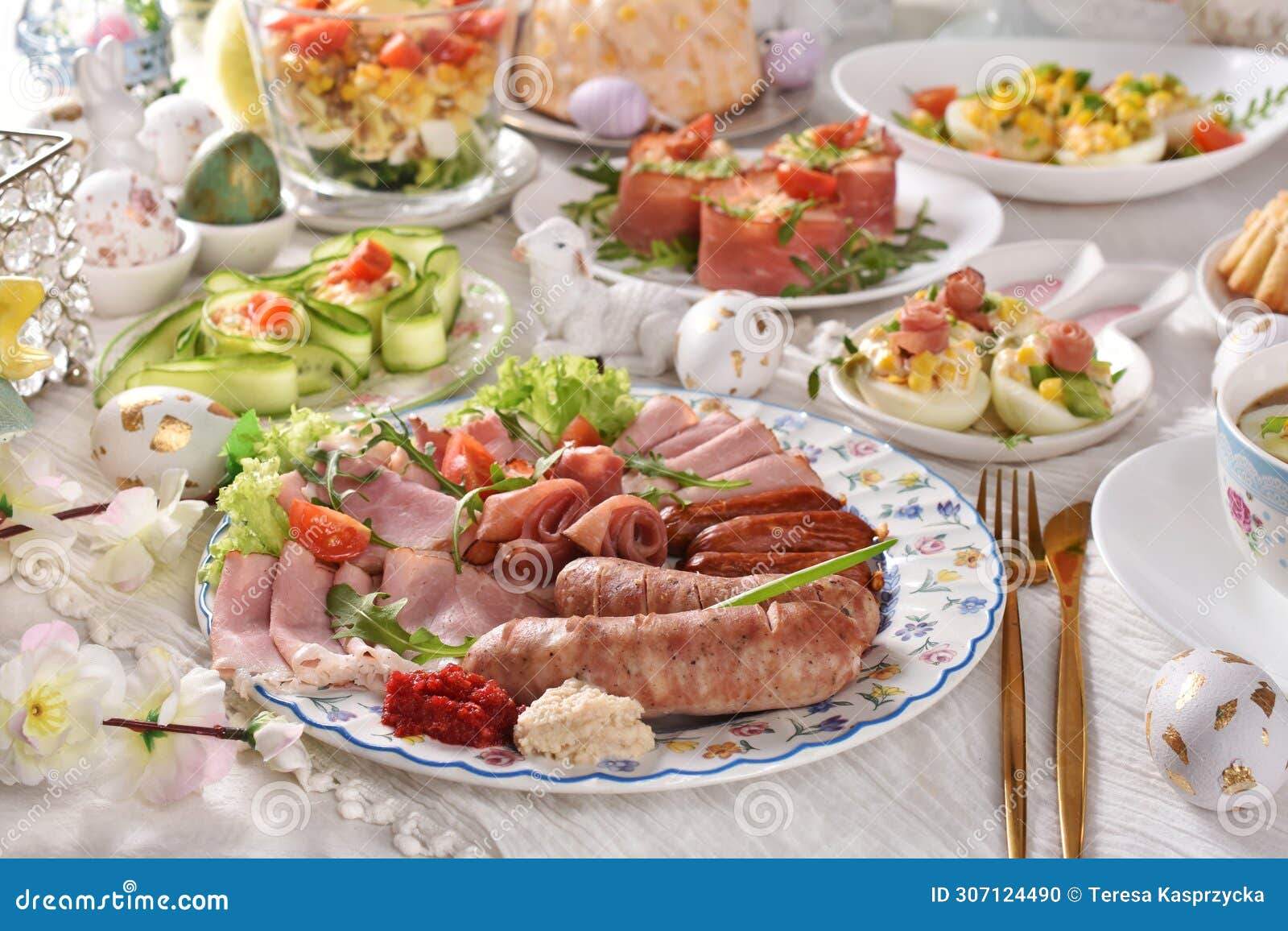 Easter Breakfast with Traditional Sausage and Cold Cuts, Deviled Eggs ...