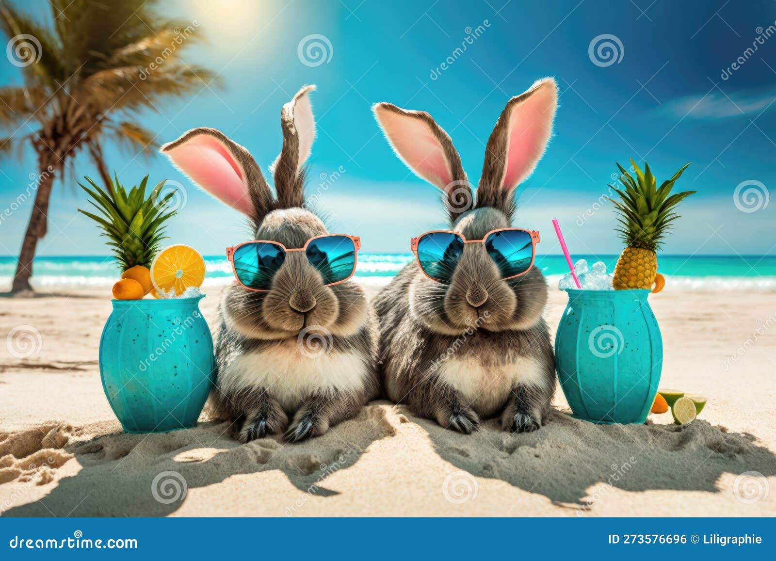 Easter Bunnies Celebrate On A Sand Beach With Tropical Cocktail Drinks