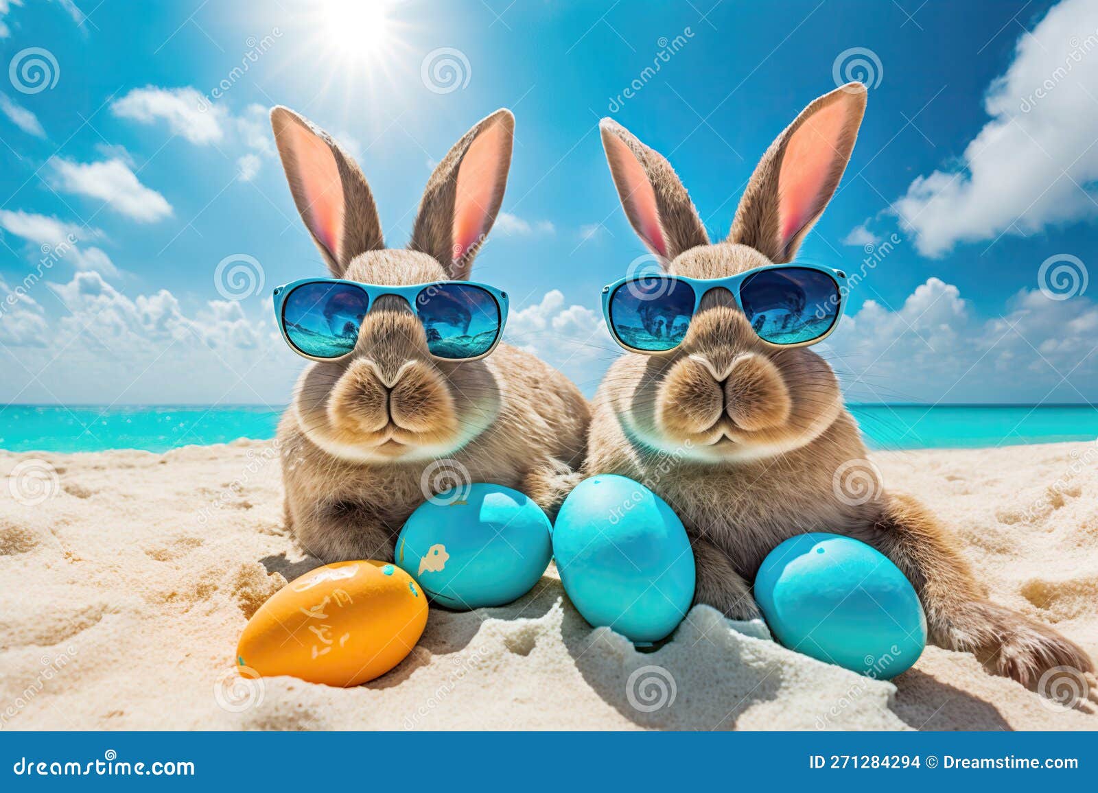 Cute Easter Bunnies With Eggs On Vacation Beach Easter Travel Stock