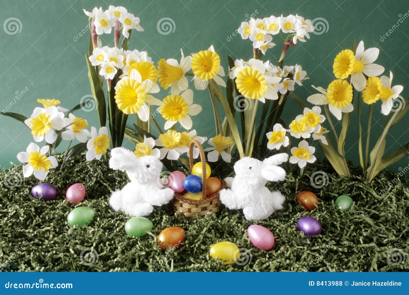 Easter Bunnies with Flowers and Basket Stock Photo - Image of silk ...
