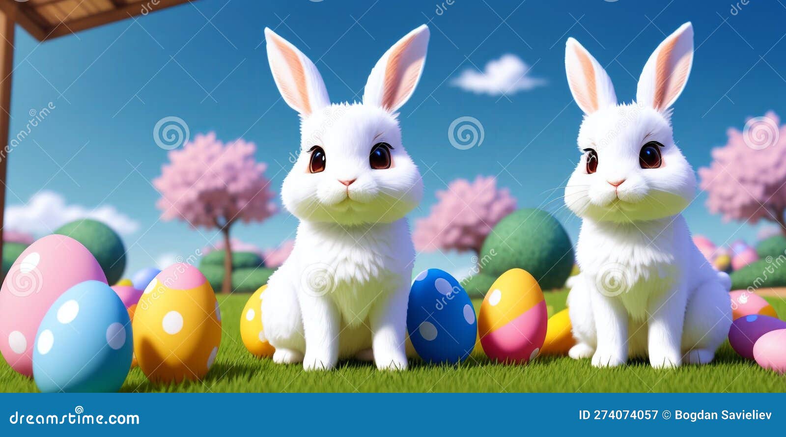 Easter Bunnies Sit Quietly in a Lush Green Field Surrounded by Brightly ...