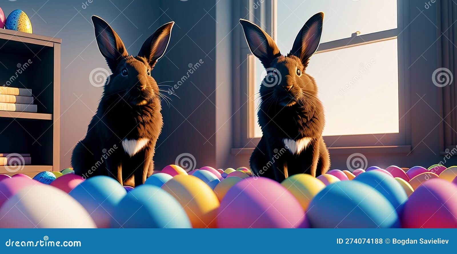 Easter Bunnies Sit Quietly in a Lush Green Field Surrounded by Brightly ...
