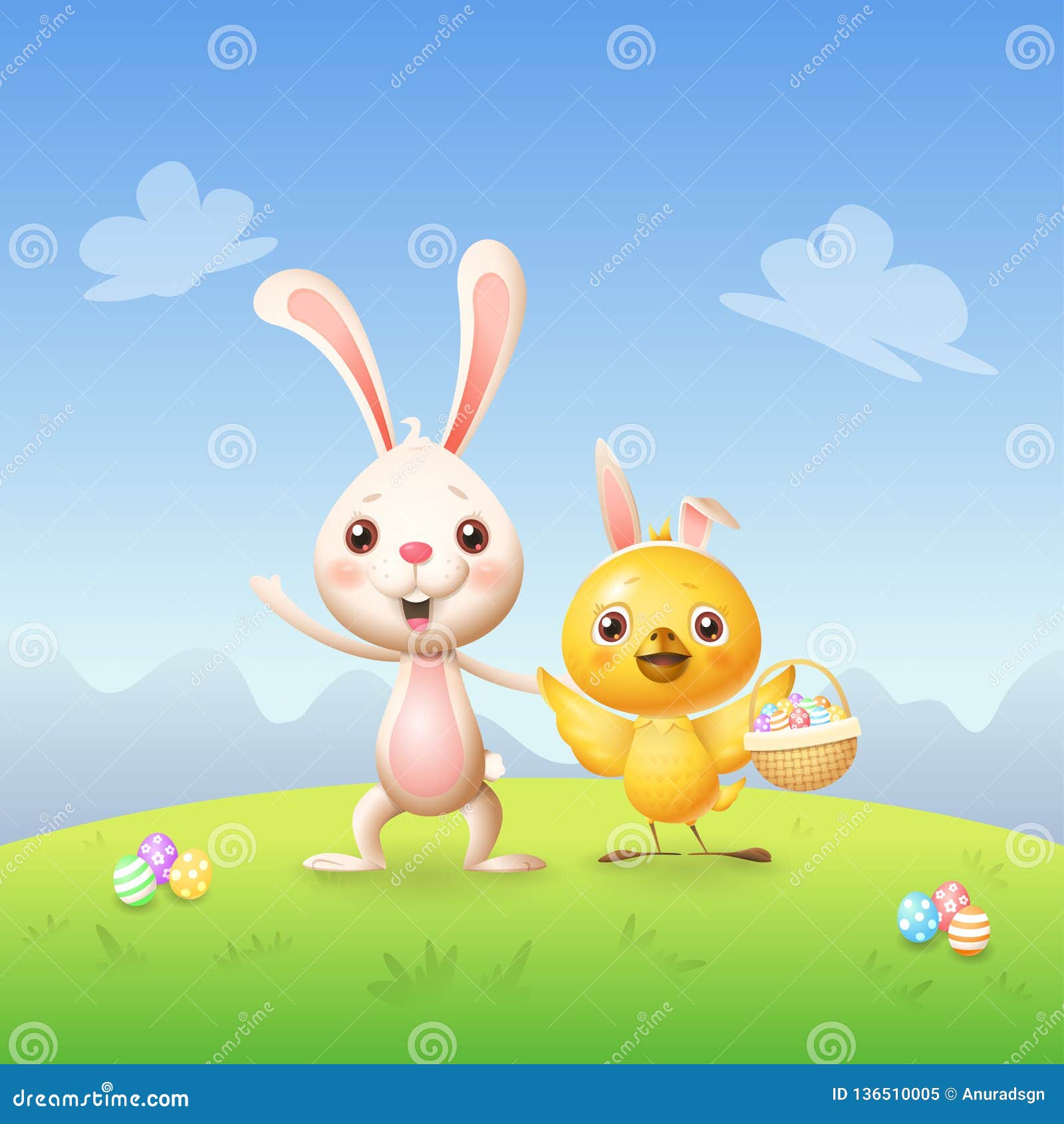 Easter Bunny and Chicken with Basket and Decorated Eggs Celebrate ...