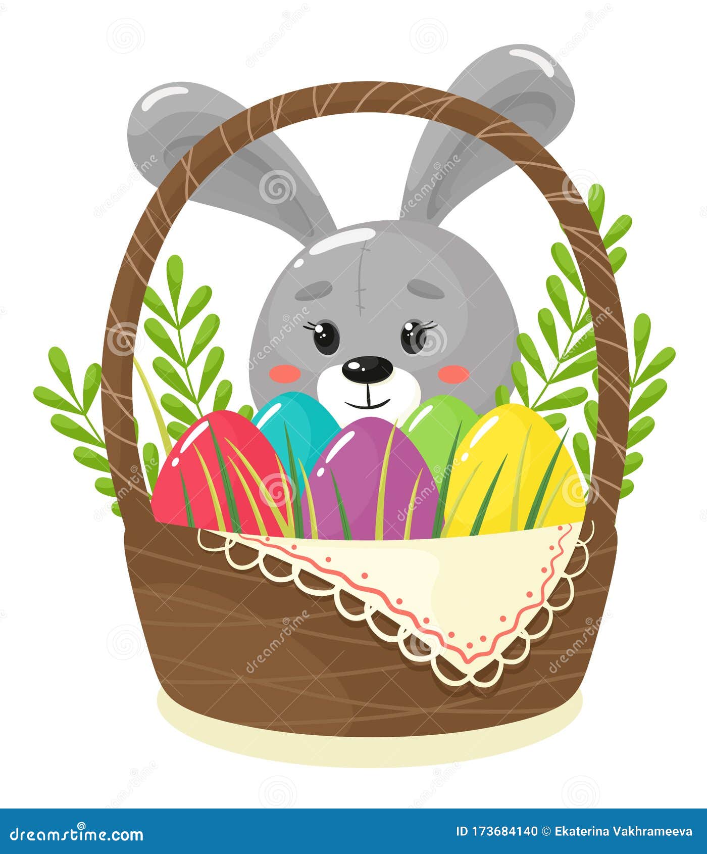 Easter Bunny in a Basket with Eggs and Herbs.Vector Illustration in ...