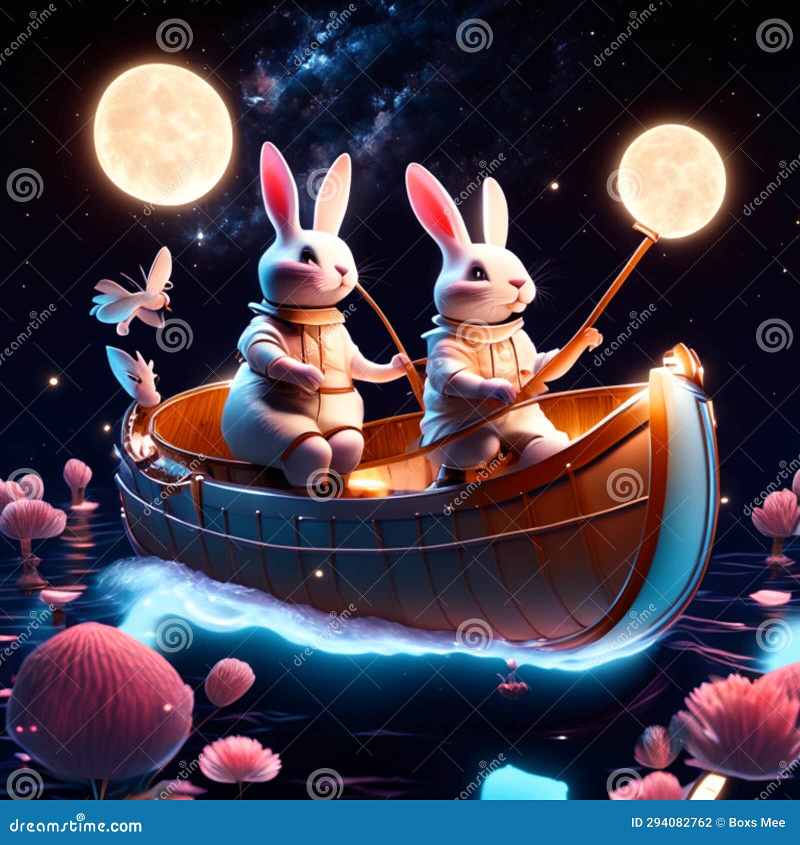 Easter Bunny in Boat with Full Moon and Stars. 3d Illustration AI ...