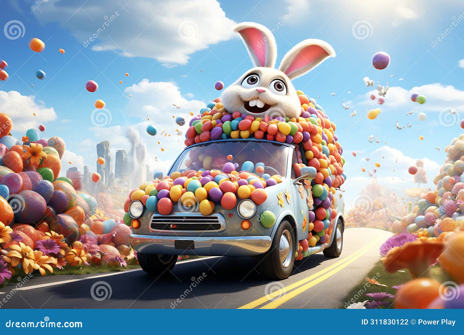 Easter Bunny on Car with Colorful Eggs on Grass, Happy Easter Day Stock ...
