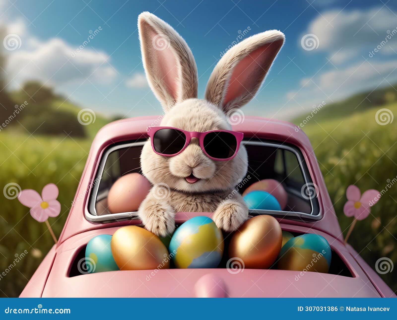 Easter Bunny in a Car Delivering Easter Eggs Stock Illustration ...