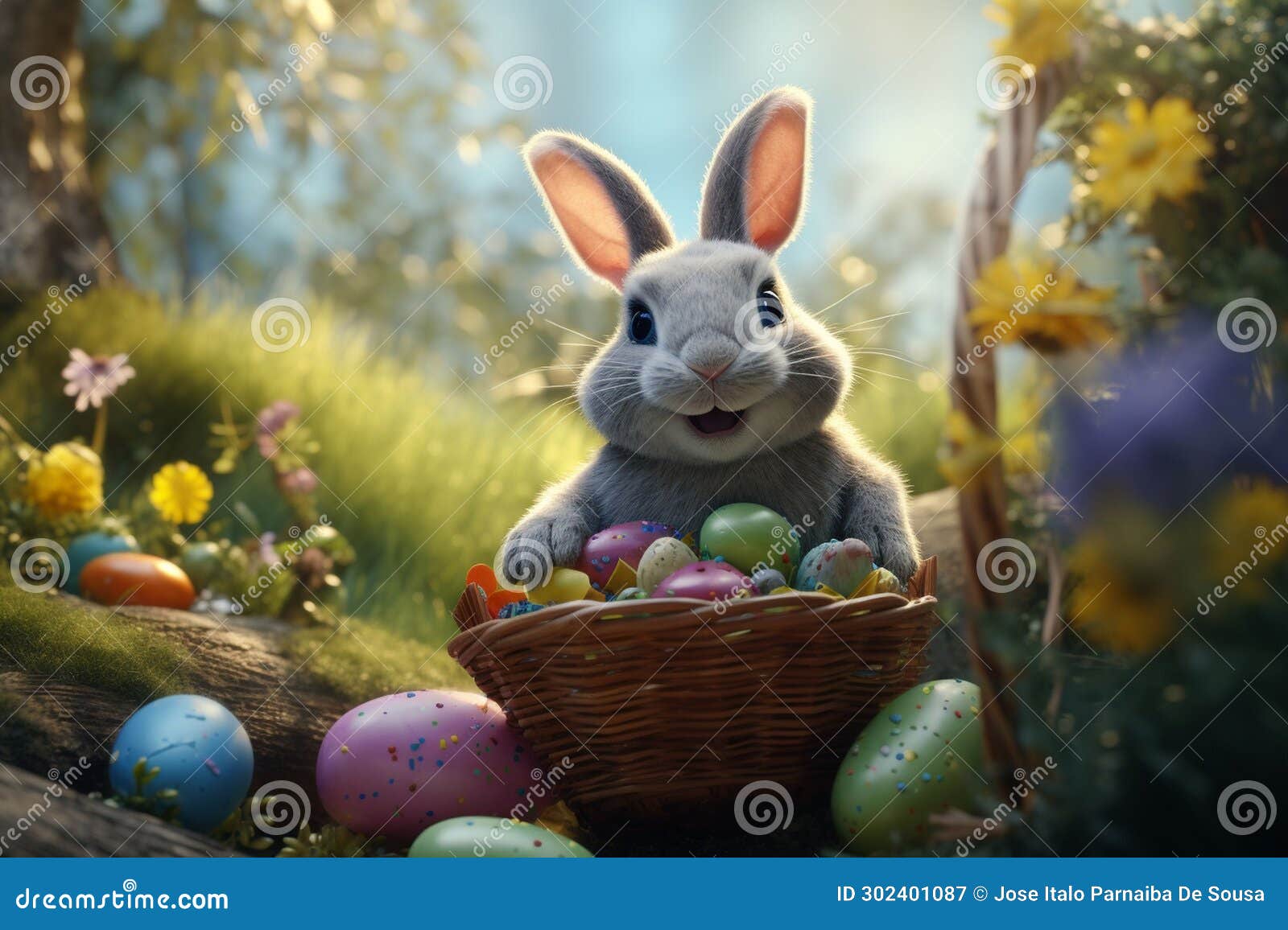 Easter Bunny Carrying a Basket Filled with Stock Illustration ...