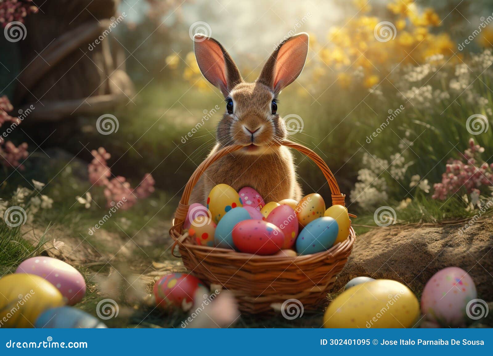 Easter Bunny Carrying a Basket Filled with Stock Illustration ...