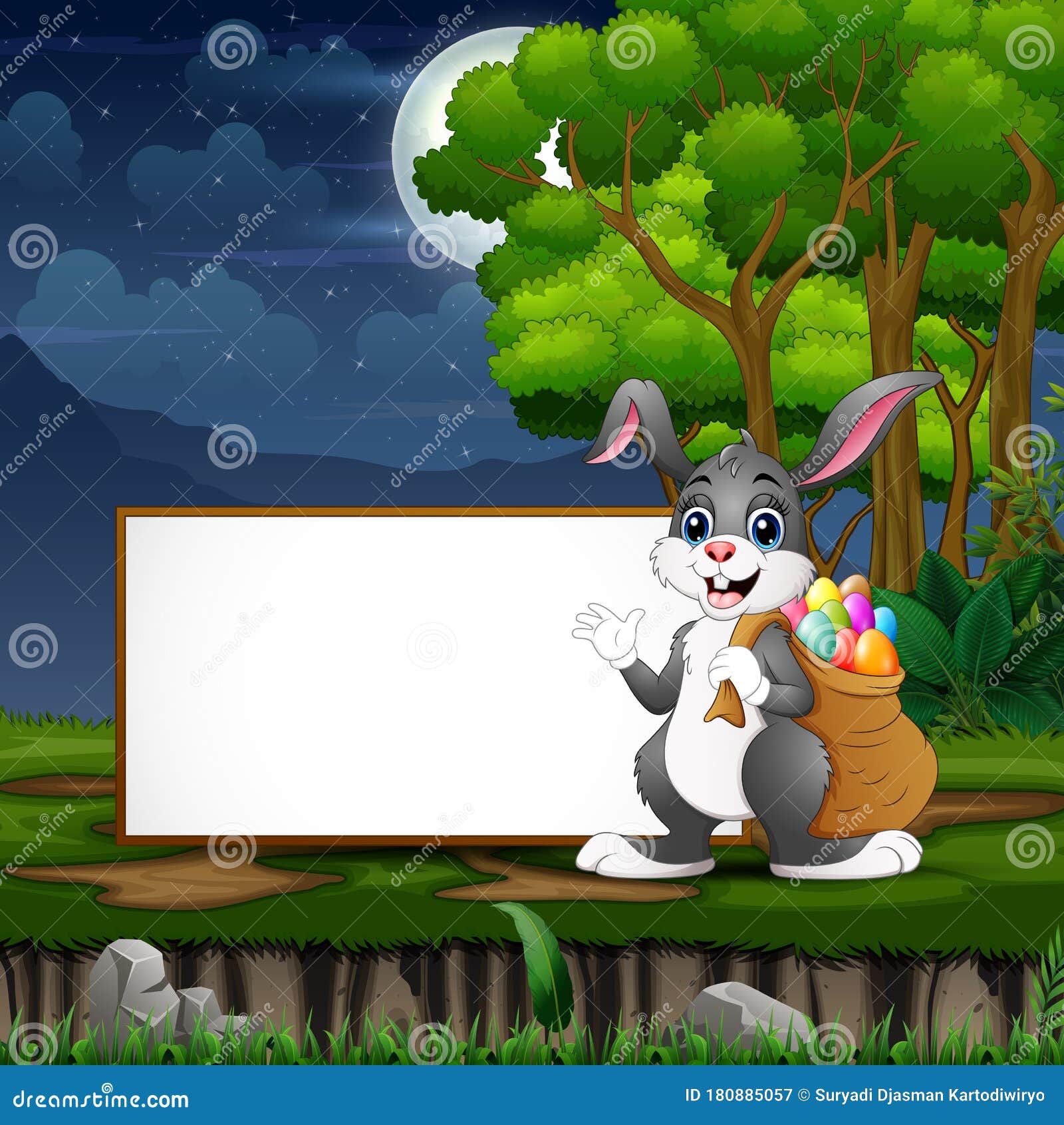 Easter Bunny Carrying a Sack of Easter Eggs in Front the Blank Sign ...