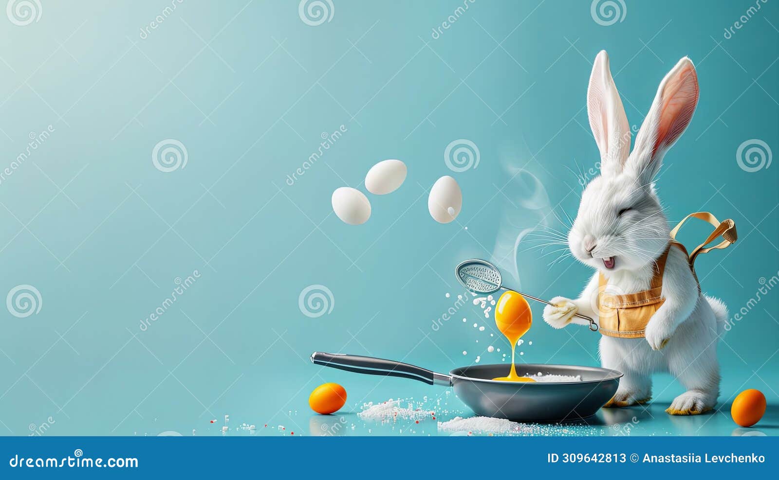 Easter Bunny Chef Preparing Eggs. Blue Background with Place for Text ...