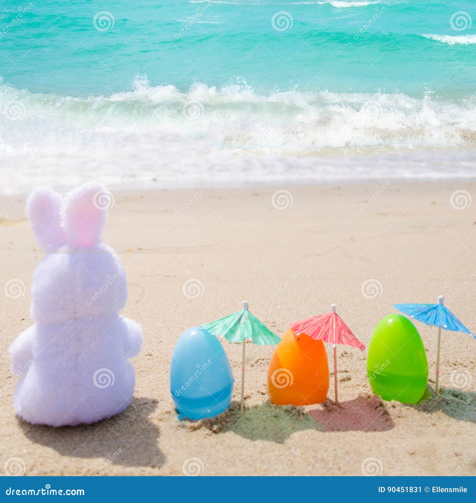 Easter Bunny and Color Eggs on the Beach - Instgram Format Stock Image ...