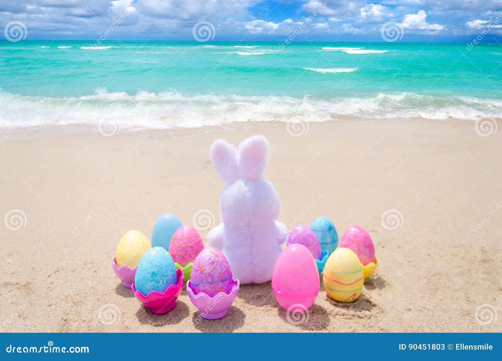 Easter Bunny and Color Eggs on the Beach Stock Image - Image of rabbit ...