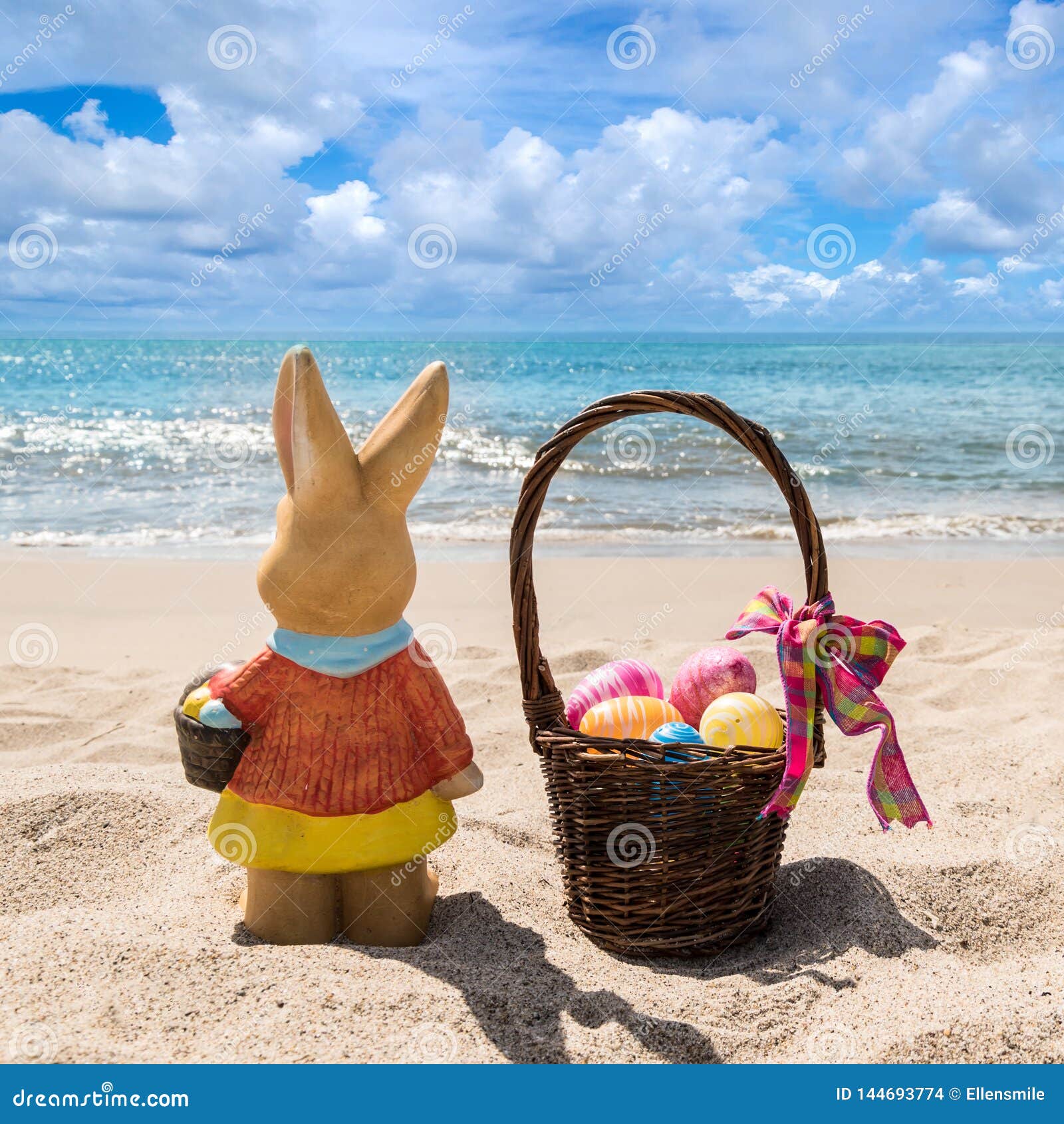 Easter Bunny with Color Eggs on the Ocean Beach Stock Photo - Image of ...