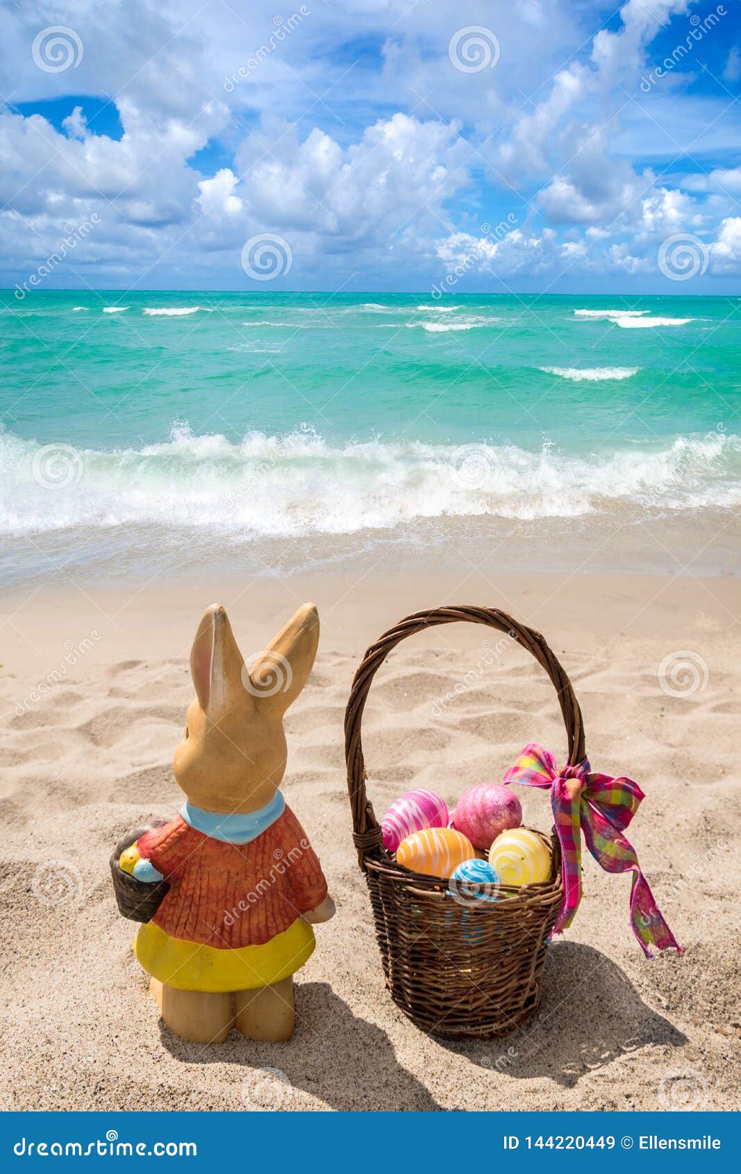 Easter Bunny with Color Eggs on the Ocean Beach Stock Image - Image of ...
