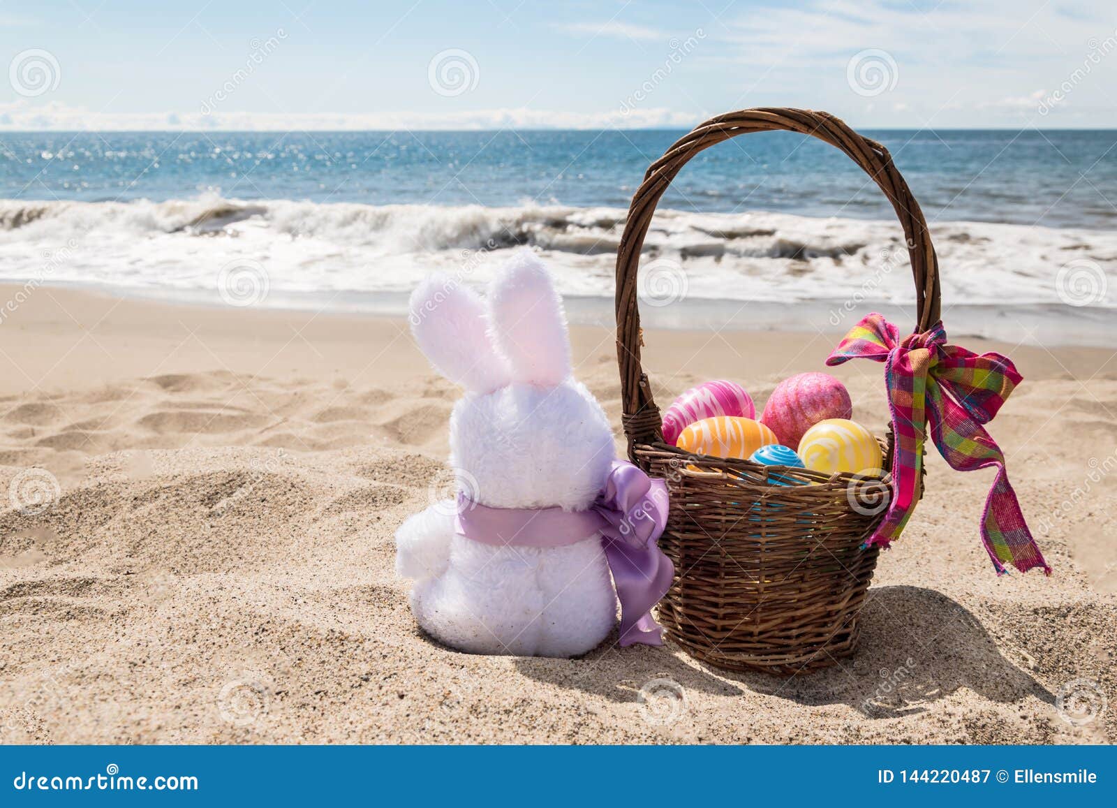 Easter Bunny with Color Eggs on the Ocean Beach Stock Image - Image of ...