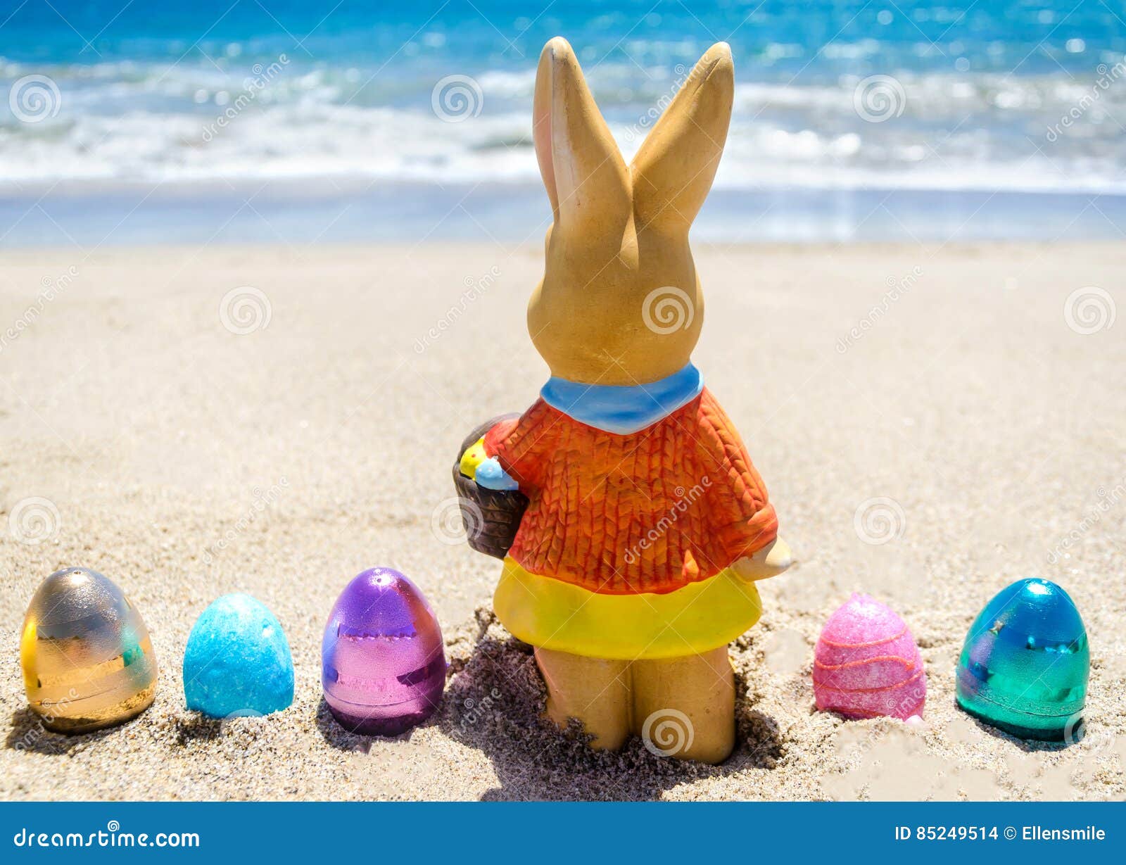 Easter Bunny with Color Eggs on the Ocean Beach Stock Photo - Image of ...