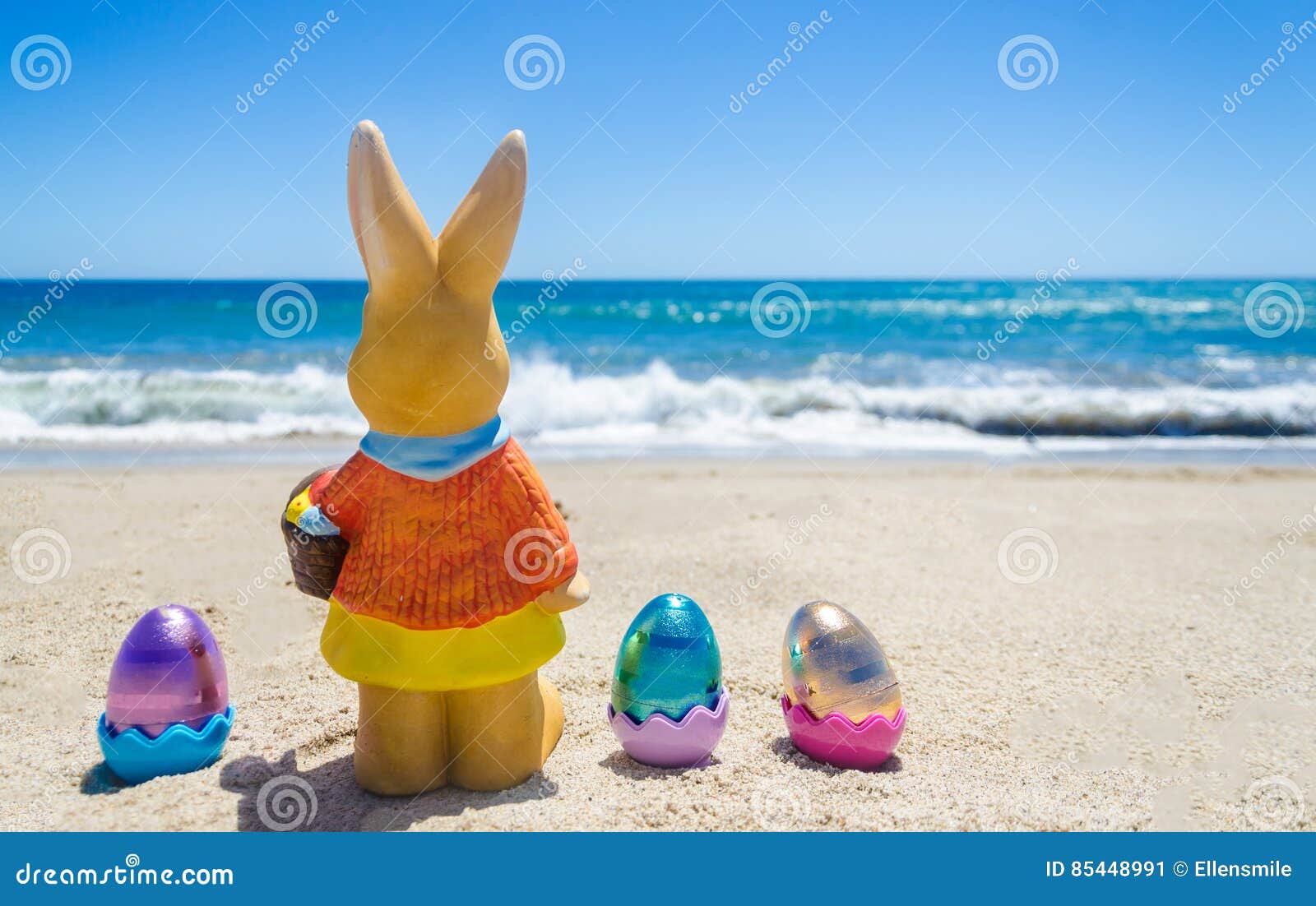 Easter Bunny With Color Eggs On The Ocean Beach Stock Image Image Of