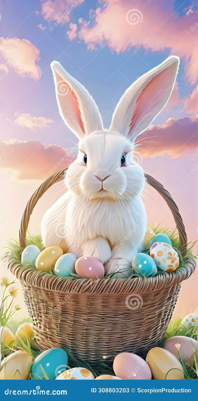 Easter Bunny with Colorful Eggs in Basket Stock Image - Image of ...