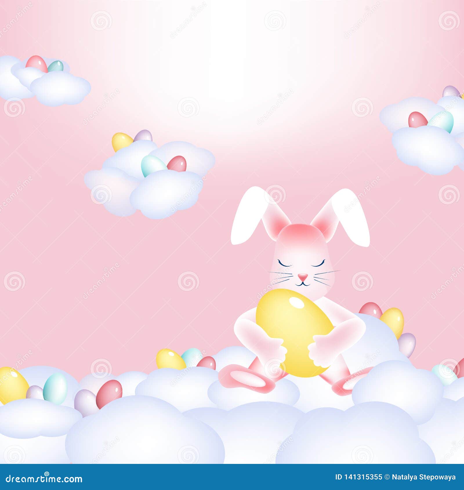 Easter Bunny with Colorful Eggs Napping on the Clouds Stock ...