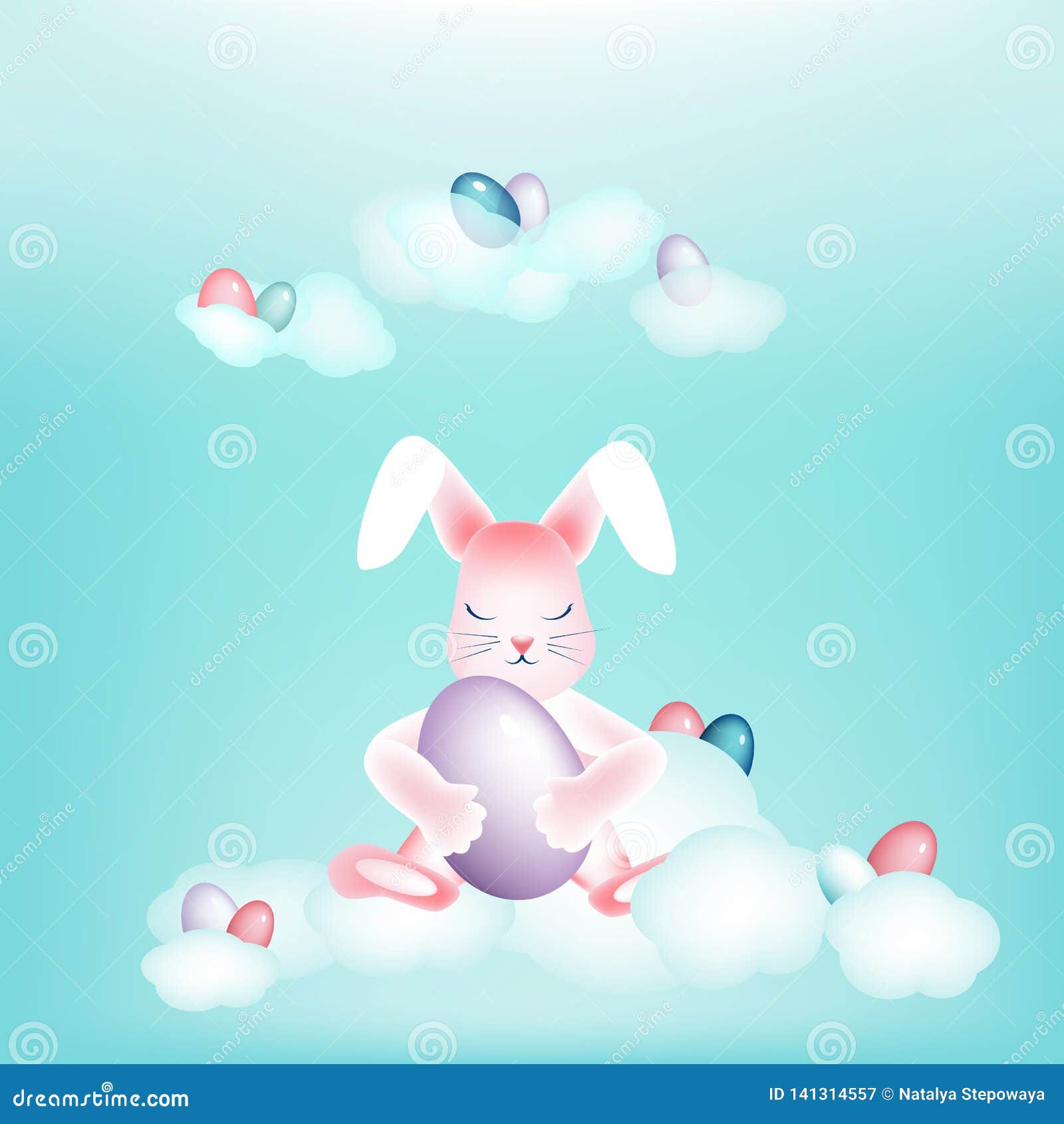 Easter Bunny with Colorful Eggs Napping on the Clouds Stock ...