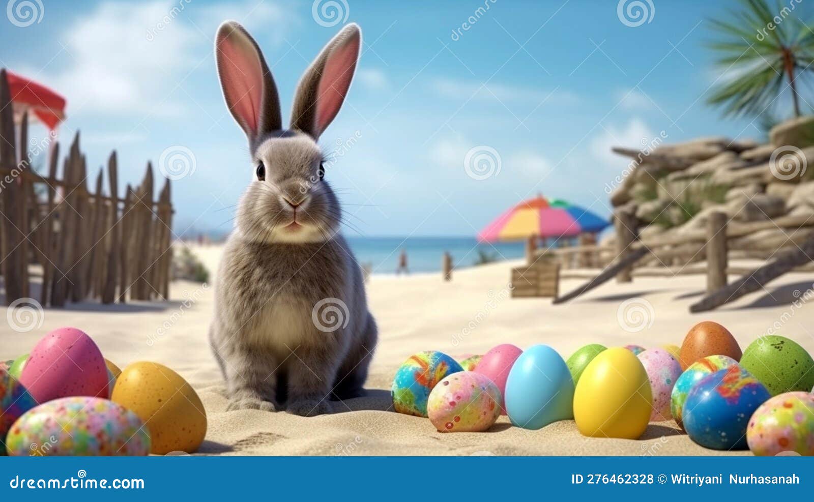 Easter Bunny with Colorful Easter Eggs on a Tropical Beach. Generative ...