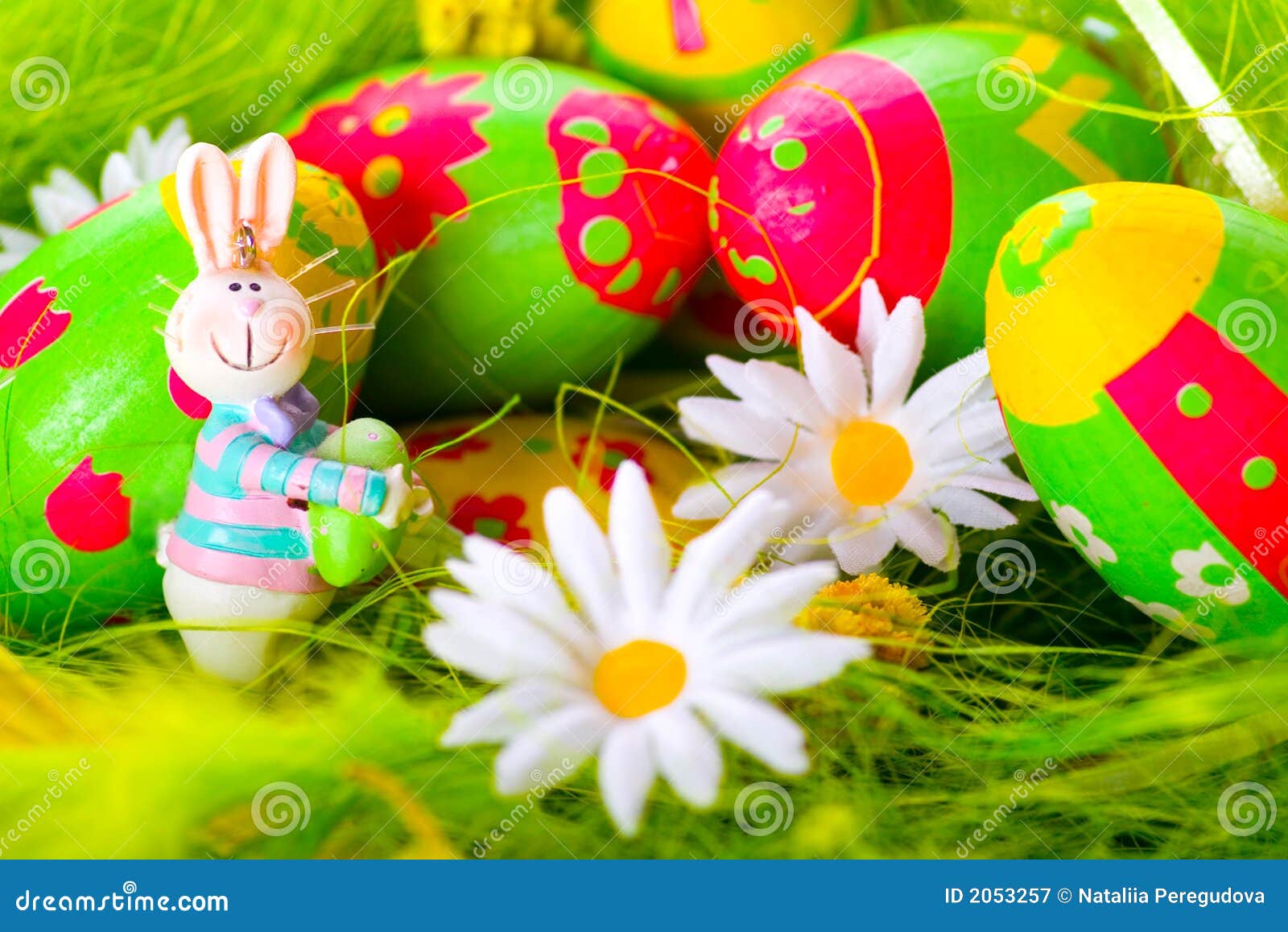 Easter Bunny and Colorful Painted Eggs Stock Image - Image of green ...