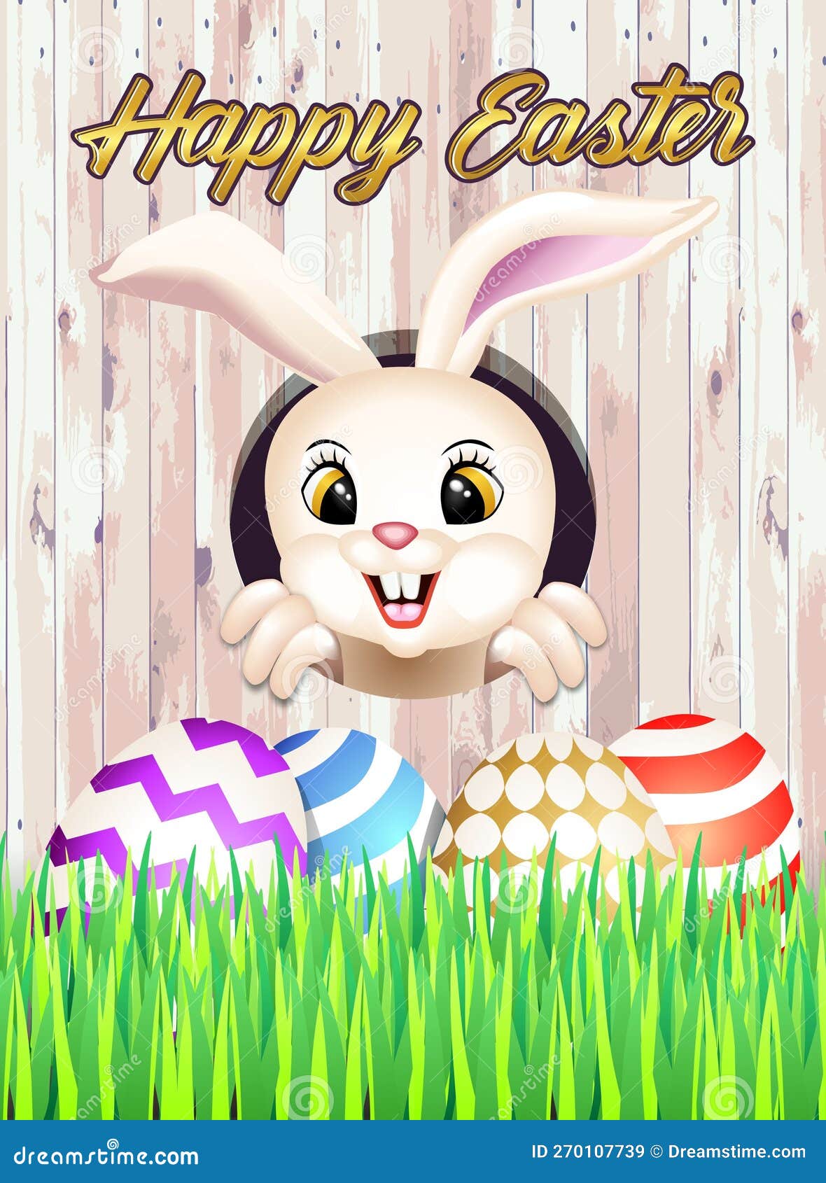 Easter Bunny Coming Out of the Hole with Painted Easter Eggs and Green ...