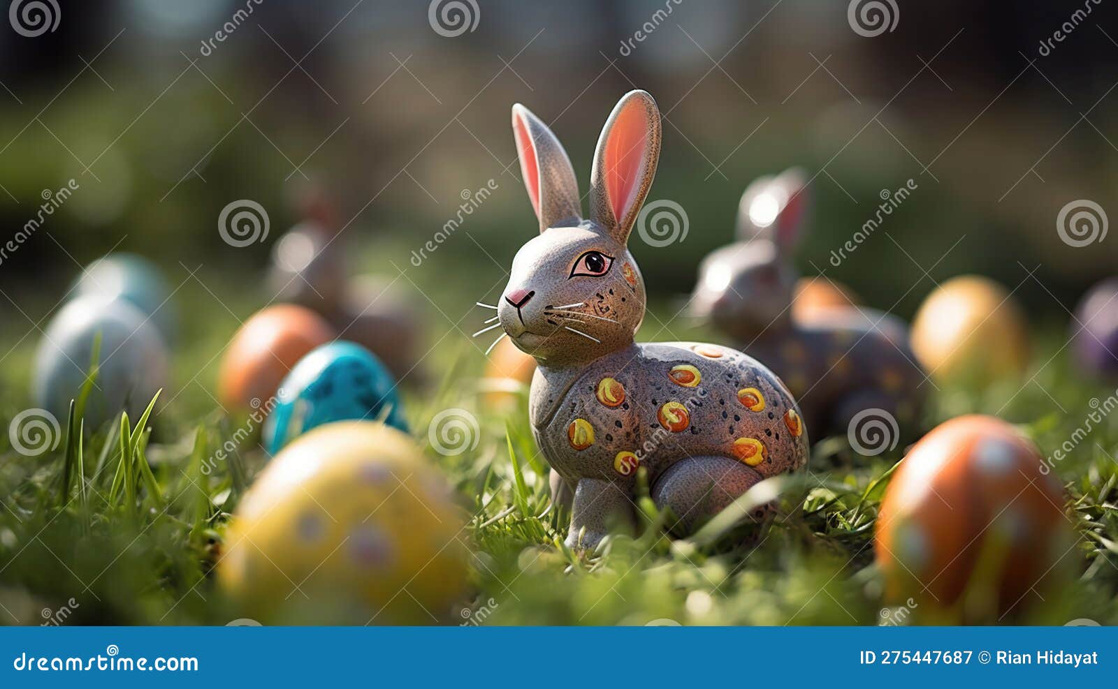 Easter Bunny - Decorated Eggs and Cute Rabbit in Sunny Spring Meadow ...