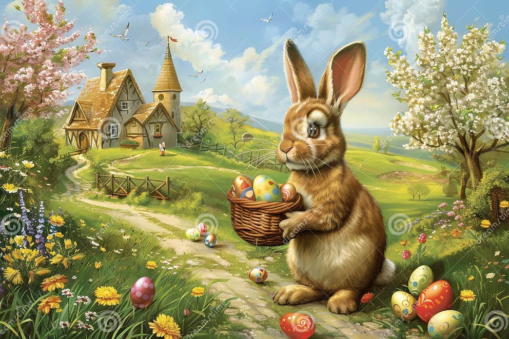 Easter Bunny Delivering Eggs in a Charming Countryside Setting Stock ...