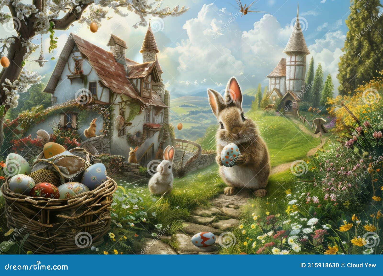 Easter Bunny Delivering Eggs in a Charming Countryside Setting Stock ...