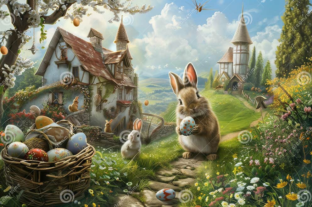 Easter Bunny Delivering Eggs in a Charming Countryside Setting Stock ...
